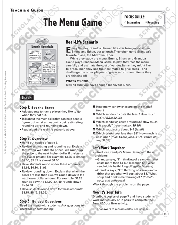The Menu Game (Estimating/Rounding): Building Real-Life Math Skills by