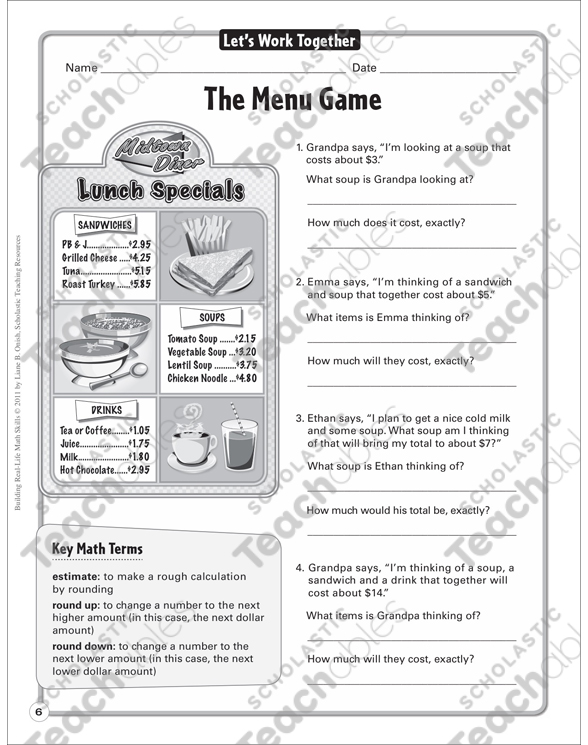The Menu Game (Estimating/Rounding): Building Real-Life Math Skills by