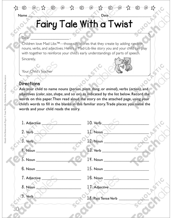 Fairy Tale With a Twist (Parts of Speech): Language Arts Homework Page by