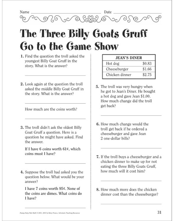 The Three Billy Goats Gruff (Money): A Funny Fairy Tale Math Activity by
