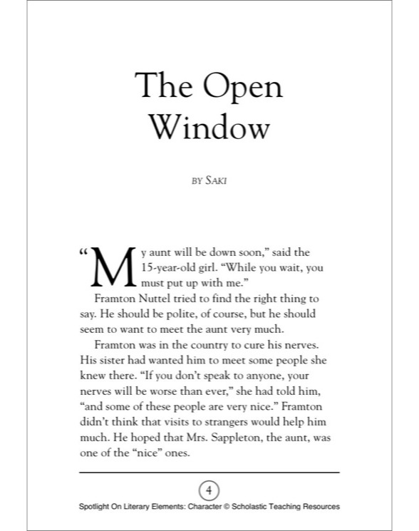 The Open Window, by Saki (Character): Spotlight On Literary Elements by
