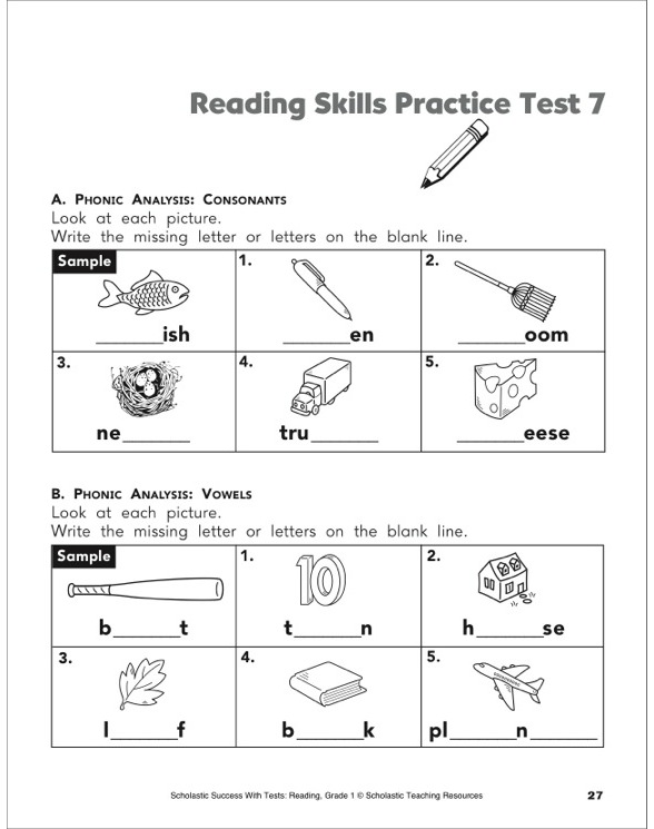 Practice Test 7: Reading Skills (Grade 1) by
