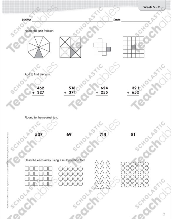 Math Review: Unit Fractions, 3-Digit Addition, Rounding, Arrays by