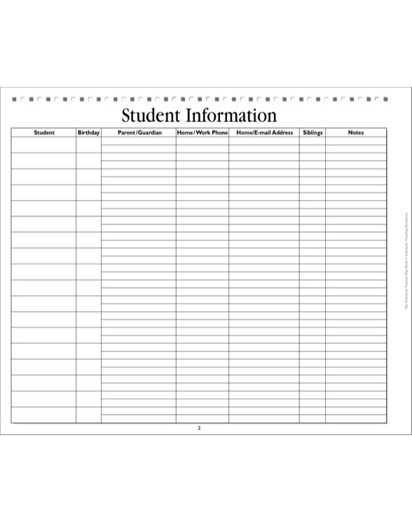 Student Information Chart: Teacher Planning Page by