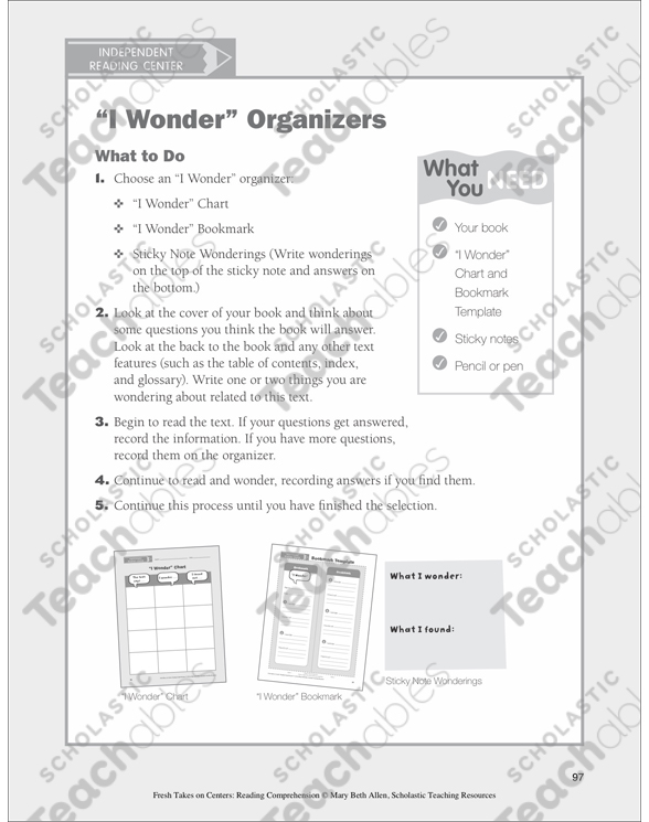 I Wonder" Organizers: Independent Reading Learning Center" by