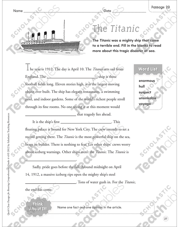 The Titanic: Quick Cloze Passage (Grades 4-6) by