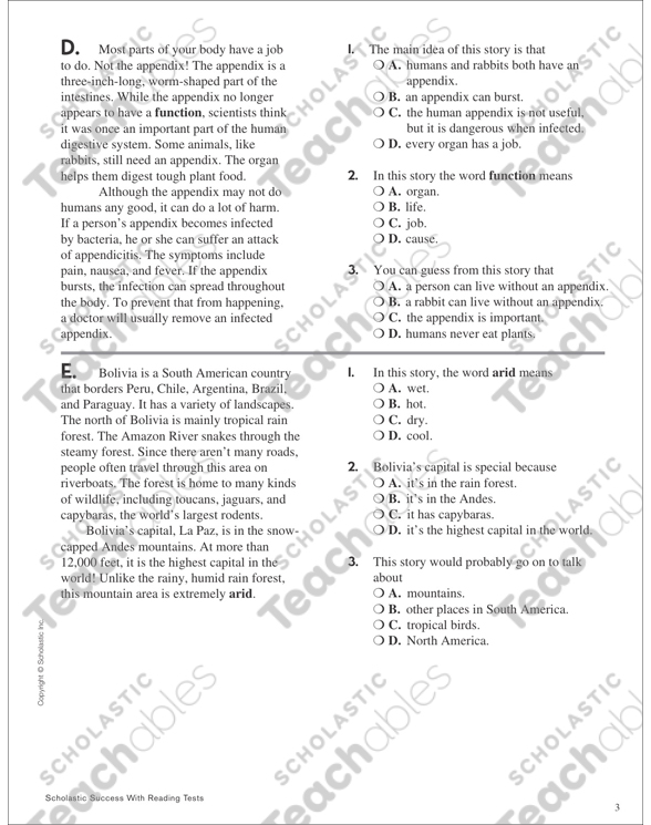 Practice Test 1: Reading Skills (Grade 6) by