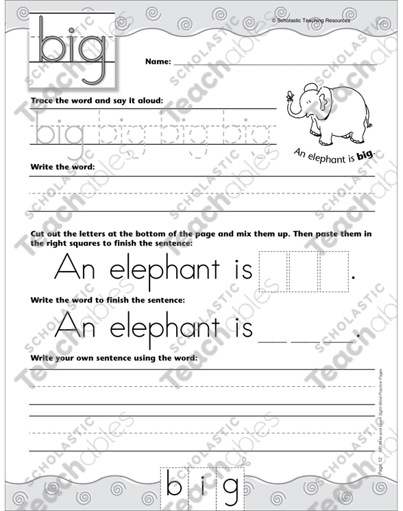 Interactive Practice Page (Sight Word: Big): Write-and-Learn Practice ...