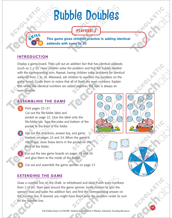 File-Folder Game - Addition: Bubble Doubles (adding identical addends) by