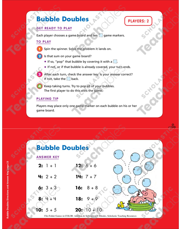 File-Folder Game - Addition: Bubble Doubles (adding identical addends) by