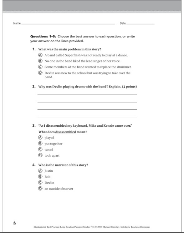 Standardized Test Practice: Long Reading Passages: Grades 7-8 by ...