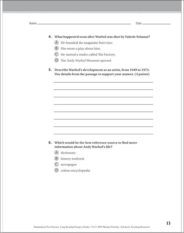 Standardized Test Practice: Long Reading Passages: Grades 7-8 by ...