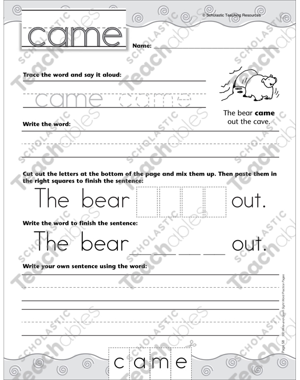 Interactive Practice Page (Sight Word: Came): Write-and-Learn Practice ...