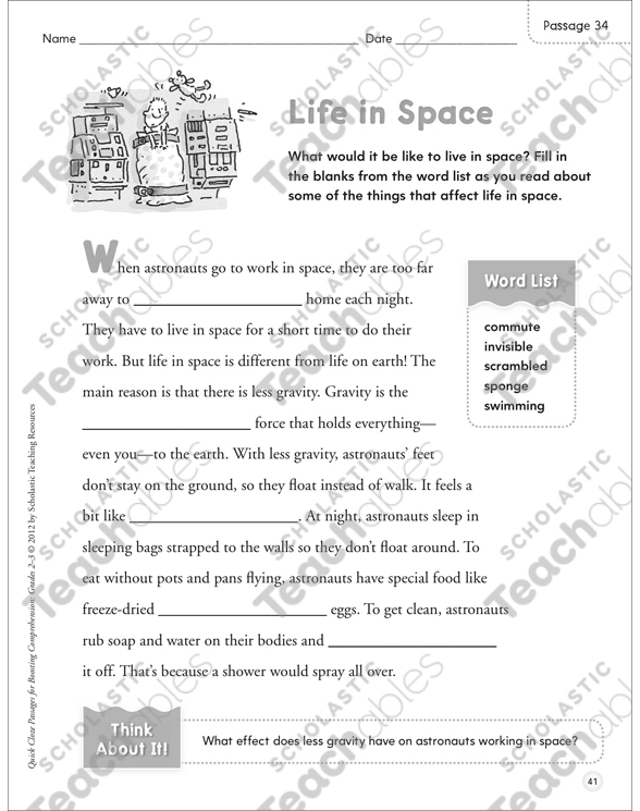 Life in Space: Quick Cloze Passage (Grades 2-3) by
