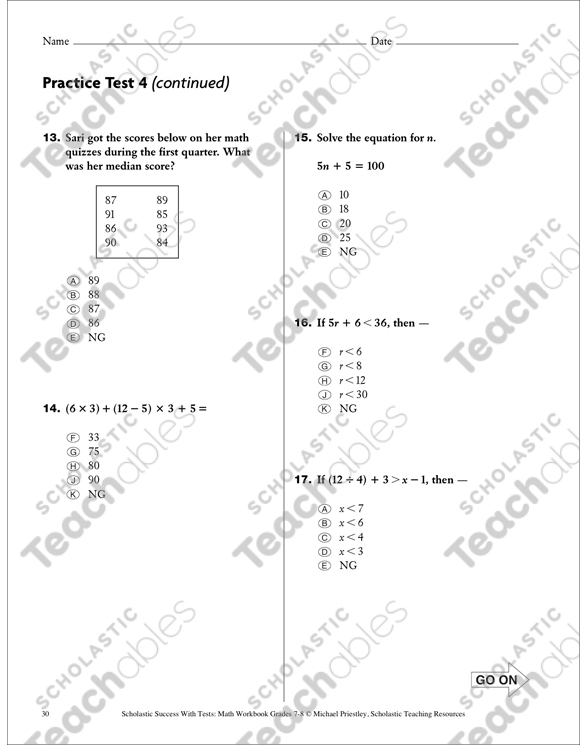 Computation Practice Test 4: Math Skills (Grade 7-8) by