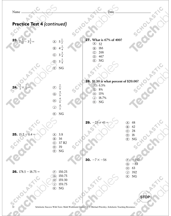 Computation Practice Test 4: Math Skills (Grade 7-8) by