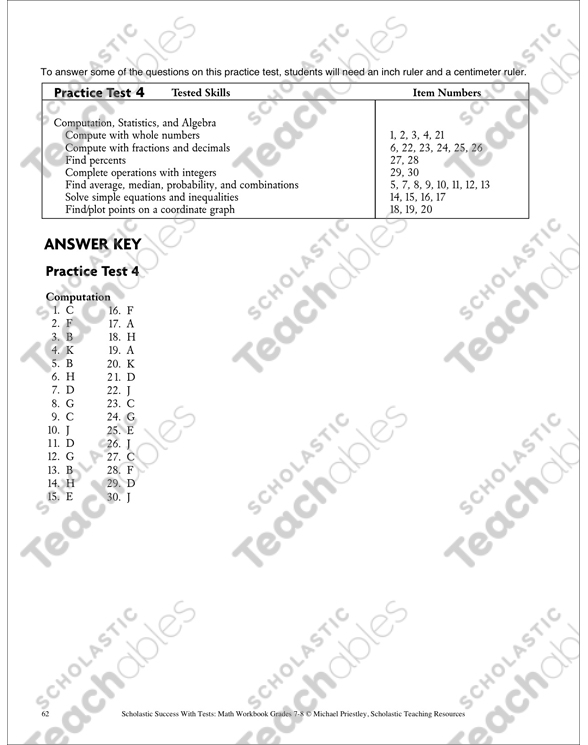 Computation Practice Test 4: Math Skills (Grade 7-8) by