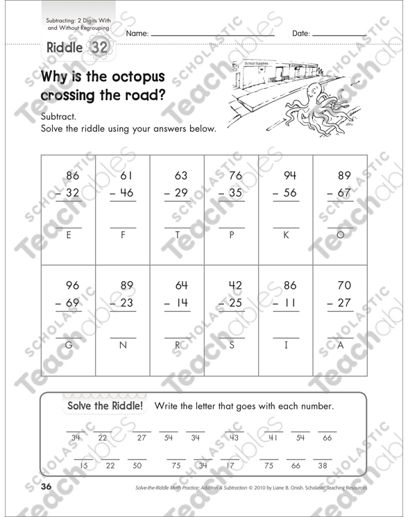 Solve-the-Riddle: Subtraction - 2 Digits With and Without Regrouping by