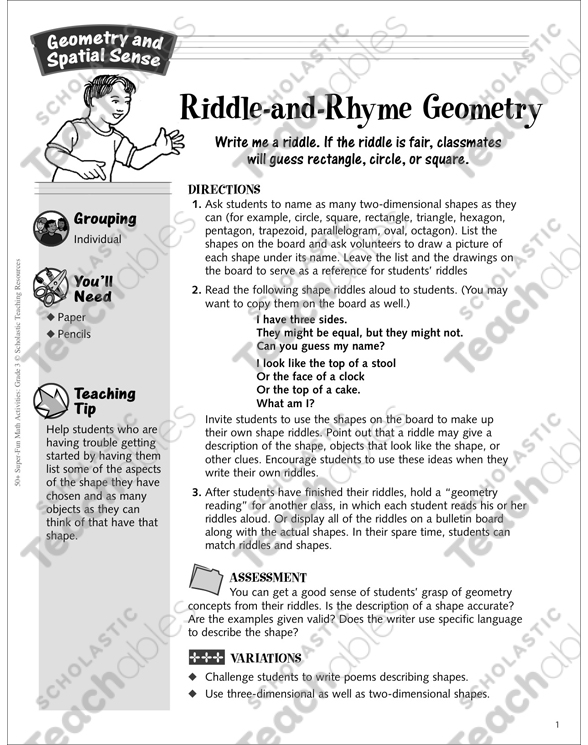 Riddle-and-Rhyme Geometry (writing shape riddles): Geometry and Spatial ...