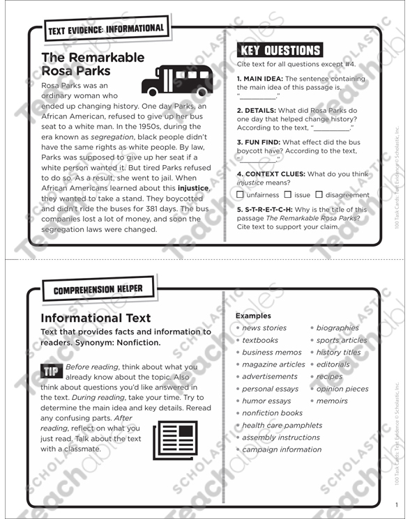 The Remarkable Rosa Parks: Text Evidence Task Card by