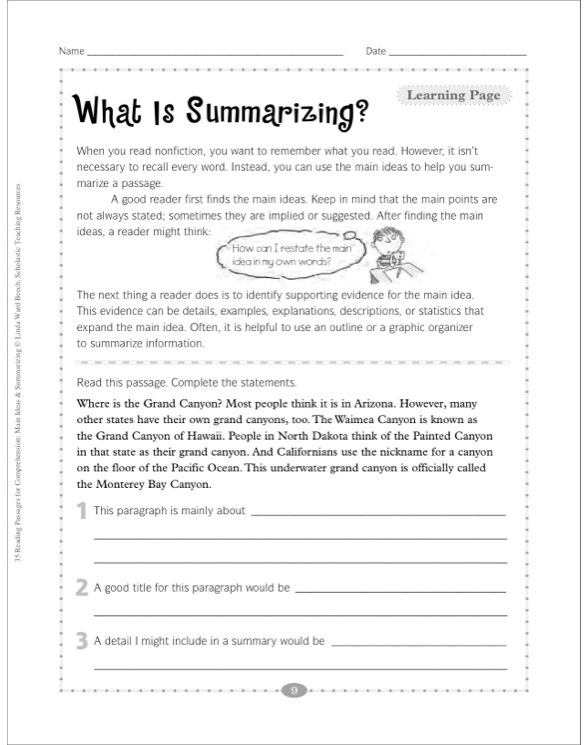 Reading Passages Main Idea And Detail