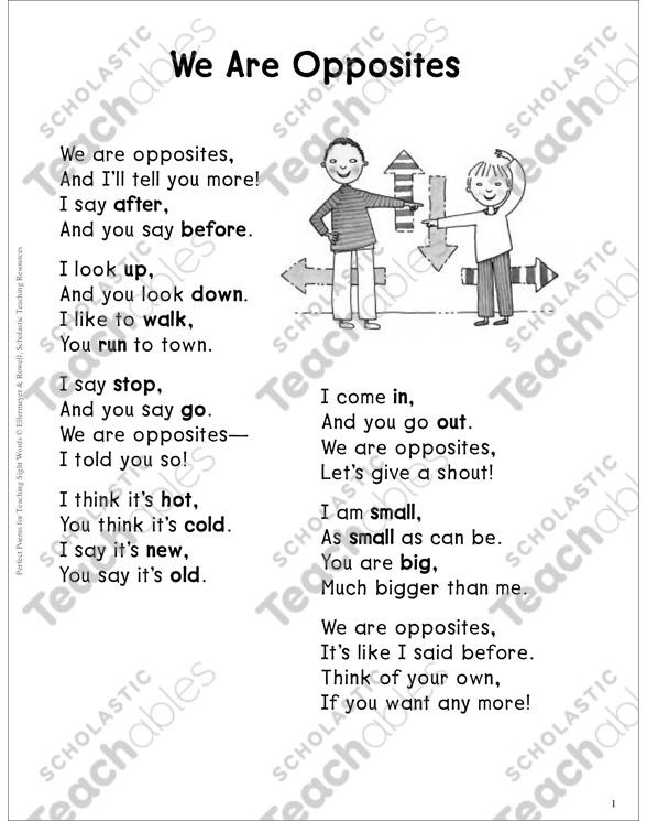 We Are Opposites (Antonyms): Sight Words Poem by