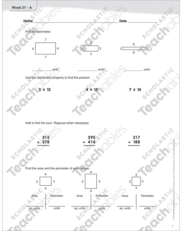 Math Review: Perimeter, Distributive Property, 3-Digit Addition, Area ...
