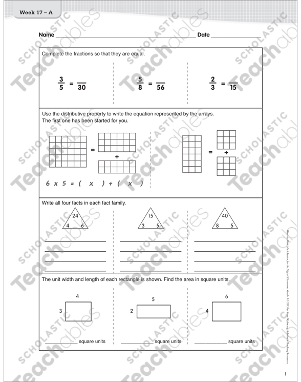 Math Review: Equal Fractions, Distributive Property, Fact Families, Area by