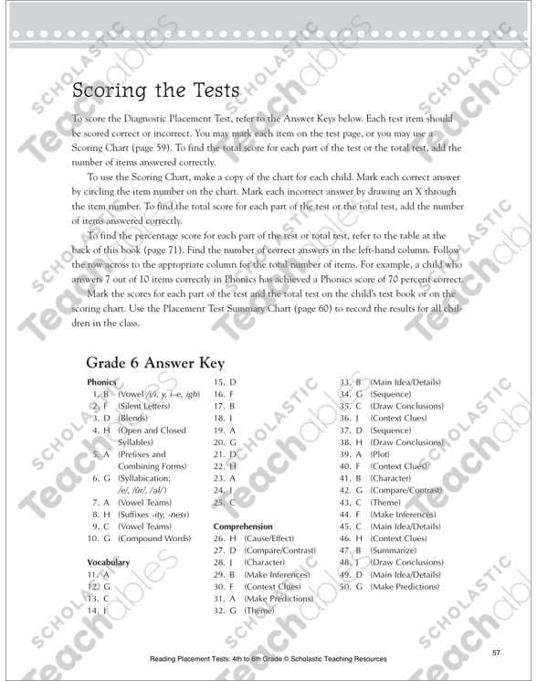 Reading Placement Test: Grade 6 by