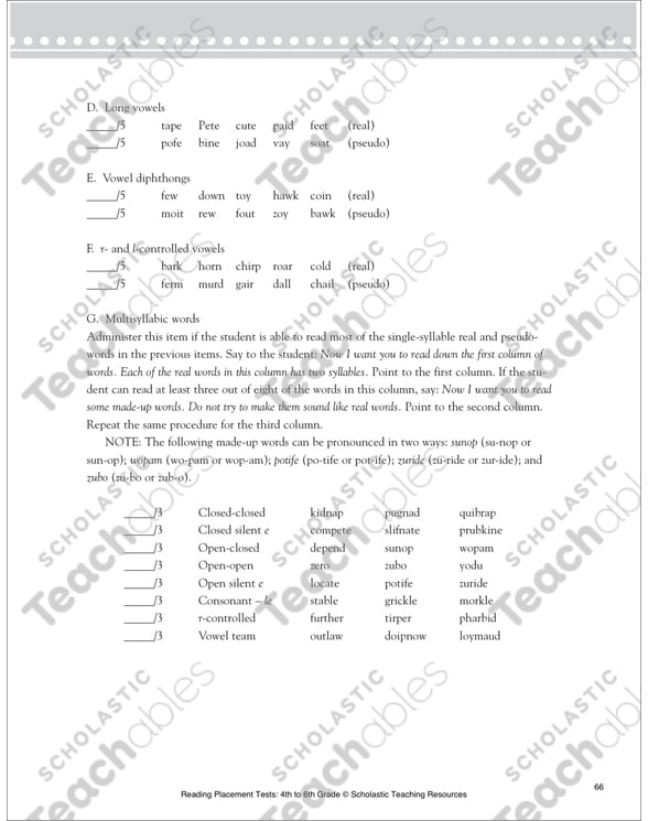 Reading Placement Test: Grade 6 by