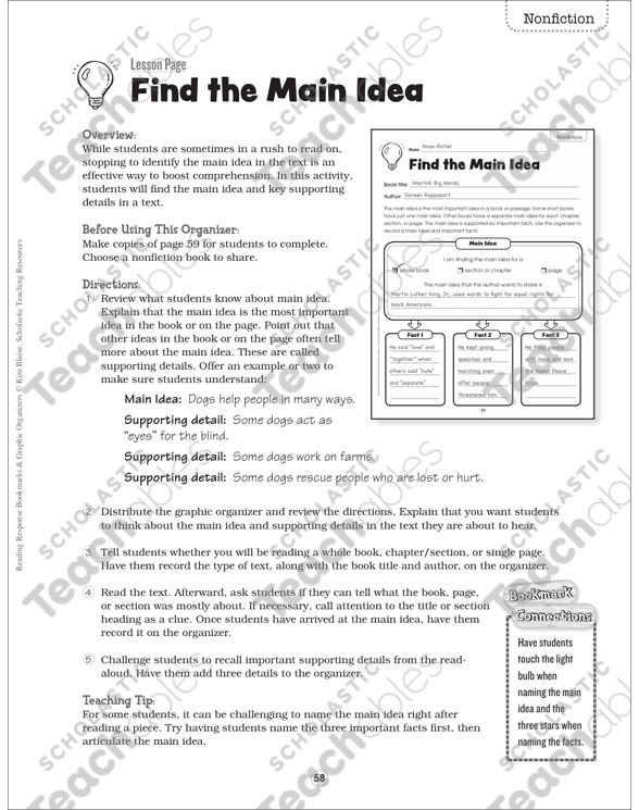 Find the Main Idea: Reading Response Bookmark & Graphic Organizer by