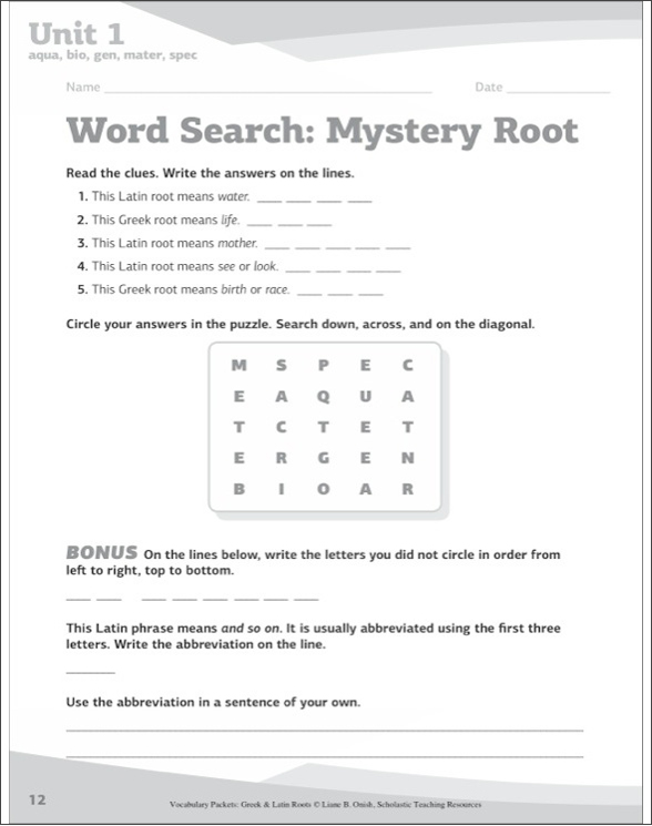 Vocabulary Packets: Greek & Latin Roots by Liane B. Onish