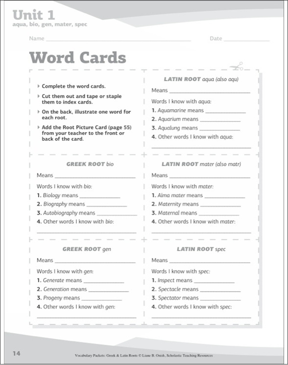 Vocabulary Packets: Greek & Latin Roots by Liane B. Onish