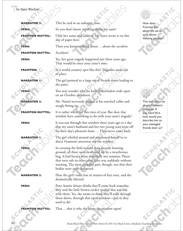The Open Window (Saki (H. H. Munro), England, 1914: Read-Aloud Play by
