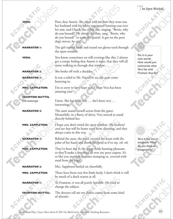 The Open Window (Saki (H. H. Munro), England, 1914: Read-Aloud Play by