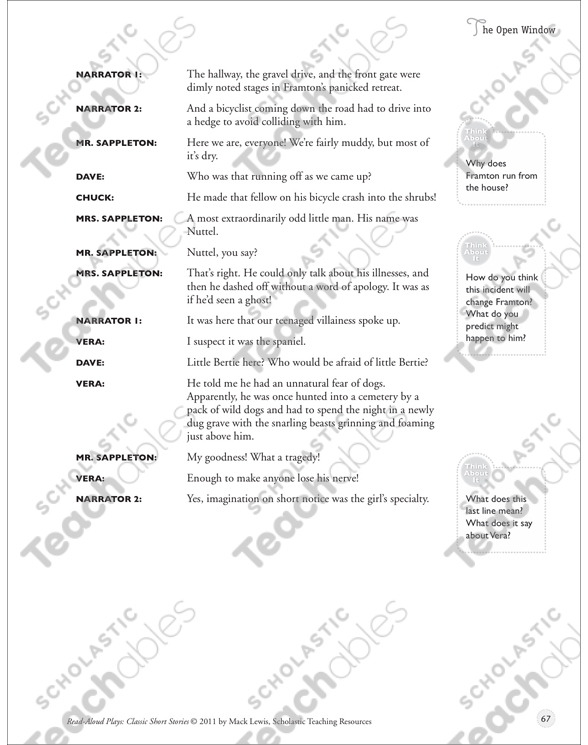 The Open Window (Saki (H. H. Munro), England, 1914: Read-Aloud Play by