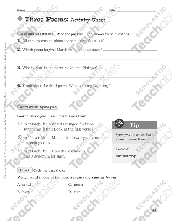 Three Poems (Poetry): Differentiated Comprehension Activity - Grades 2-3 by