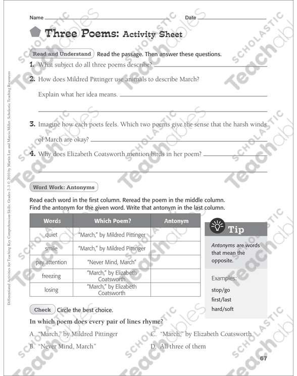 Three Poems (Poetry): Differentiated Comprehension Activity - Grades 2-3 by