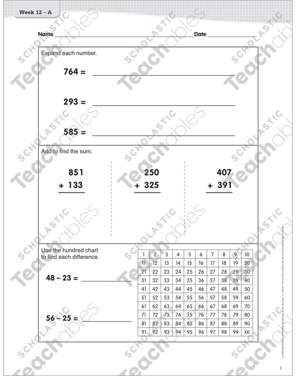 Math Review: Expanded Notation; Add 3-Digit Numbers; Hundred Chart by