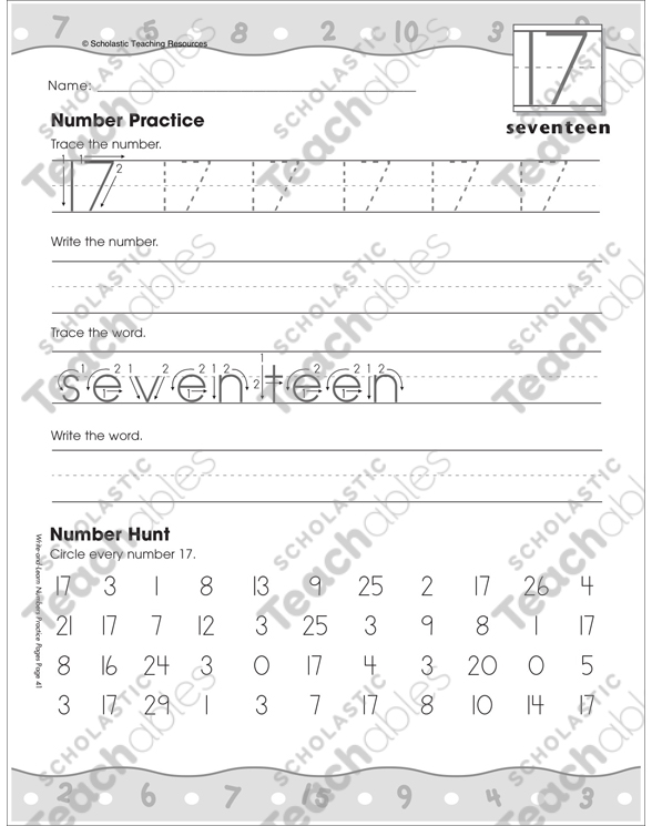 Seventeen: Writing and Recognizing Numbers: Number Practice Page by