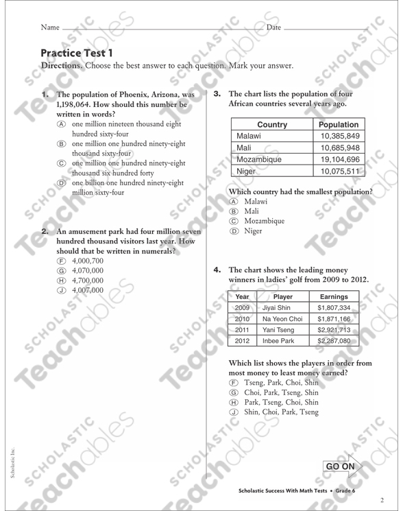 Numeration and Number Concepts Practice Test 1: Math Skills (Grade 6) by