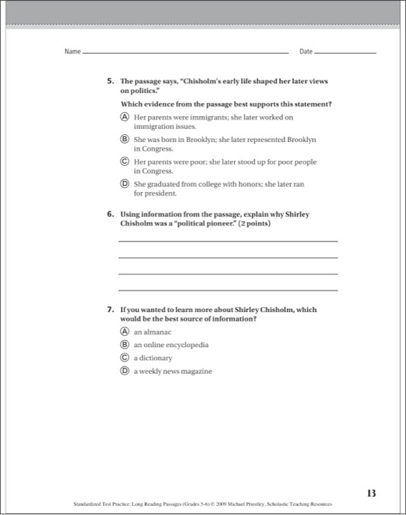 Standardized Test Practice: Long Reading Passages: Grades 5-6 by ...