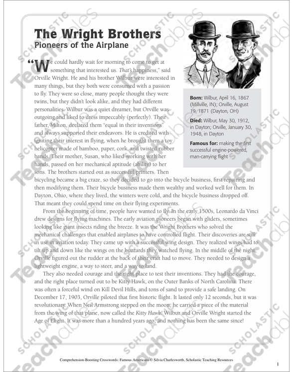 The Wright Brothers: Nonfiction Passage & Crossword Puzzle by