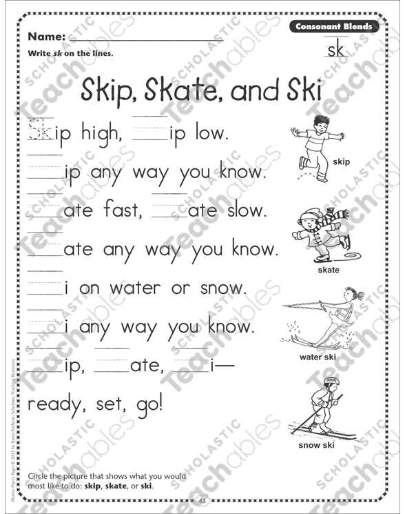Skip, Skate, and Ski (Consonant Blends - sk): Phonics Poetry Page by