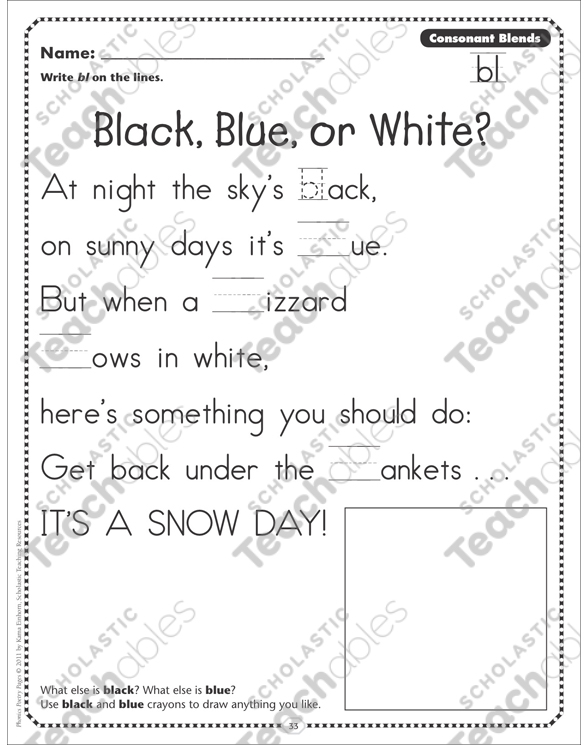 Black, Blue, or White? (Consonant Blends - bl): Phonics Poetry Page by