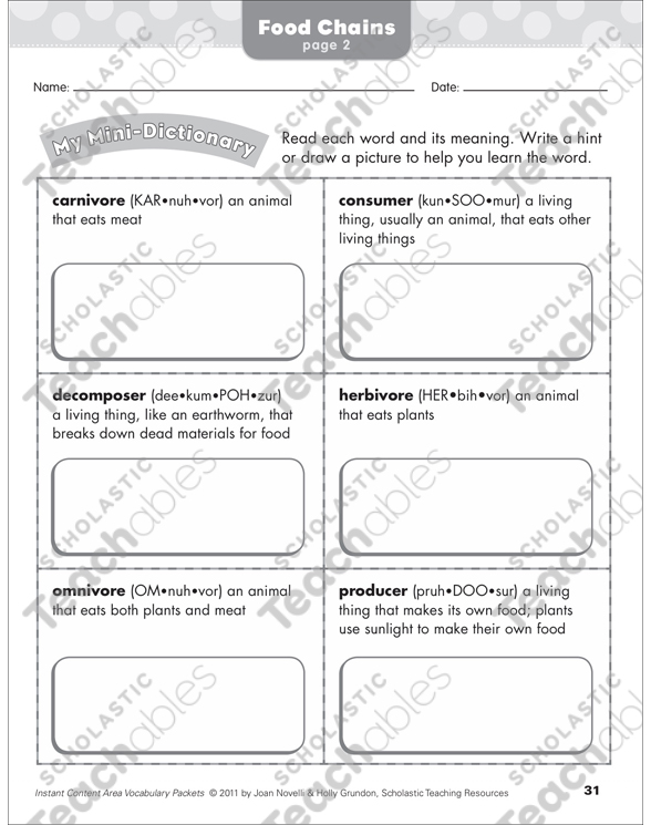 Food Chains: Science Vocabulary Packet by