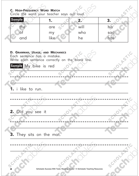 Practice Test 1: Reading Skills (Grade 1) by