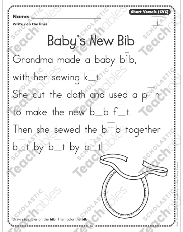 Baby's New Bib (Short i Vowel - CVC): Phonics Poetry Page by