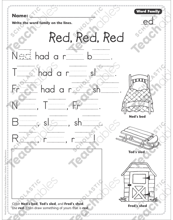 Red, Red, Red (Word Family -ed): Word Family Poetry Page by