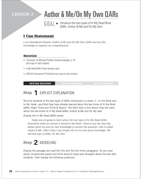Author & Me/On My Own QARs (Informational Passage): QAR Comprehension ...